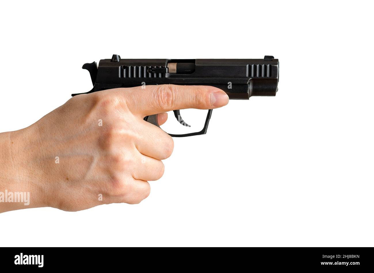 Pistol, or Auto-Loader Short gun in female's hand preparing or self ...