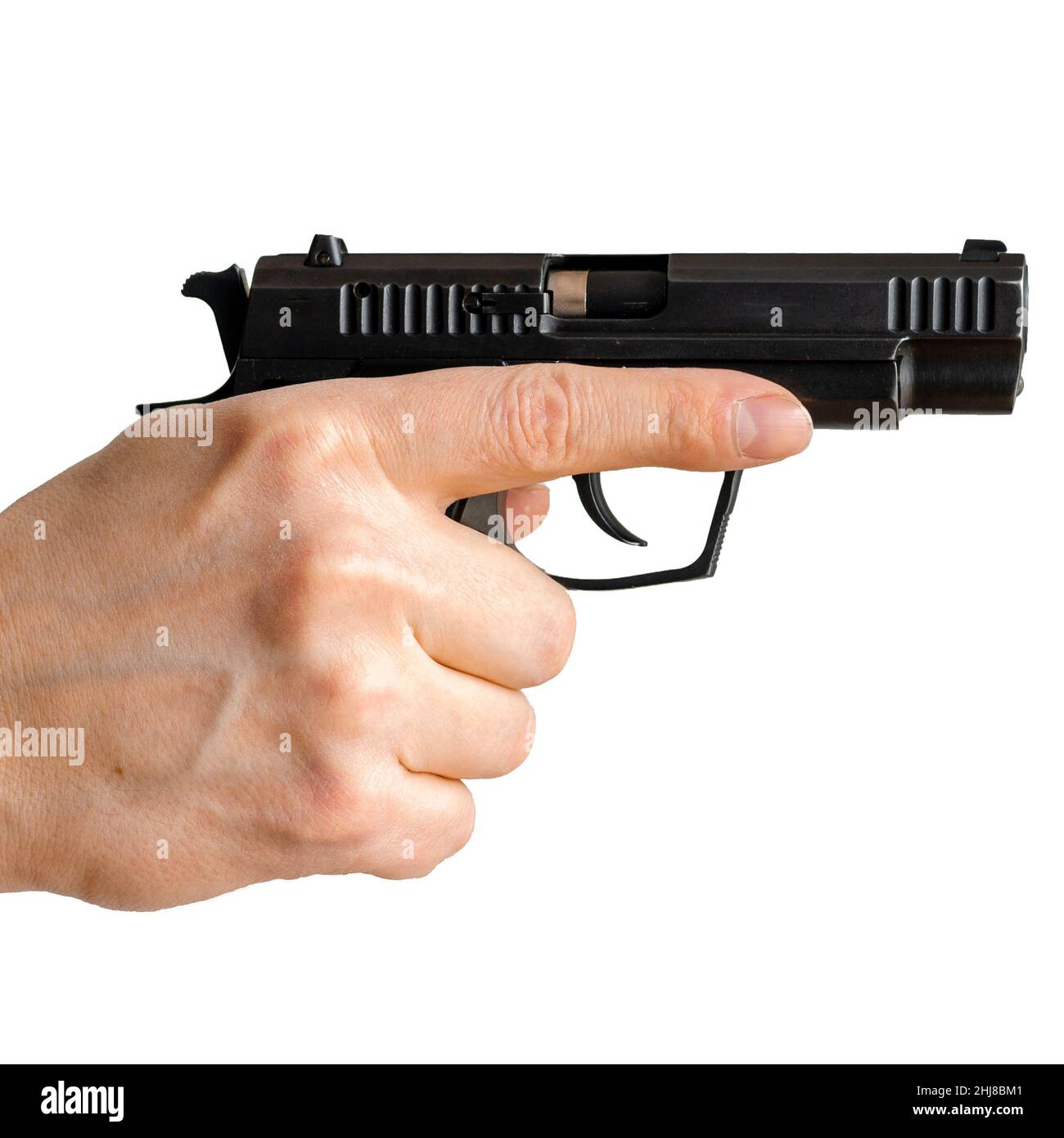 Pistol, or Auto-Loader Short gun in female's hand preparing or self ...