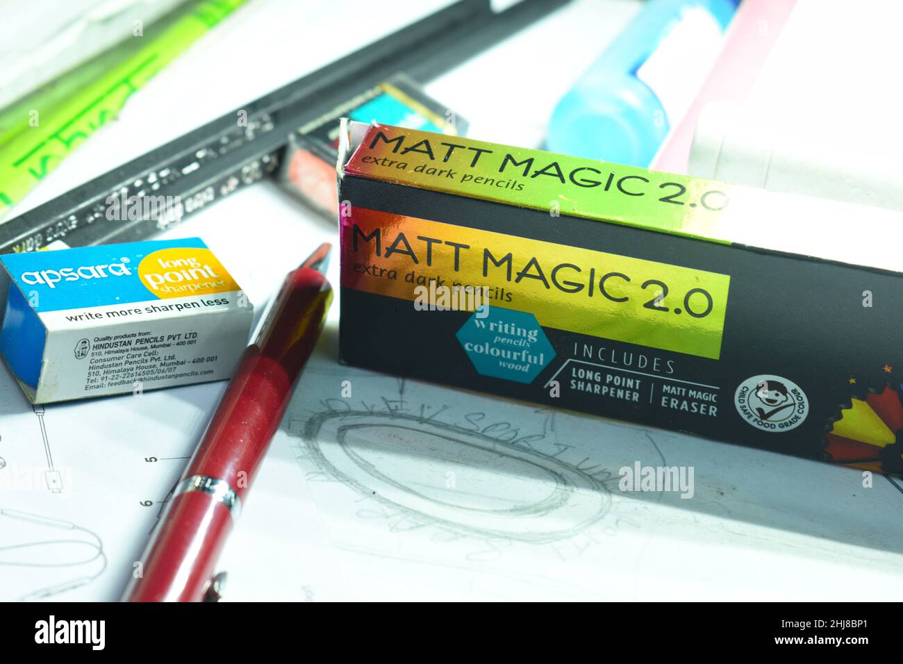 A packet of Apsara magic pencil with its pencils along with a pen. its ...