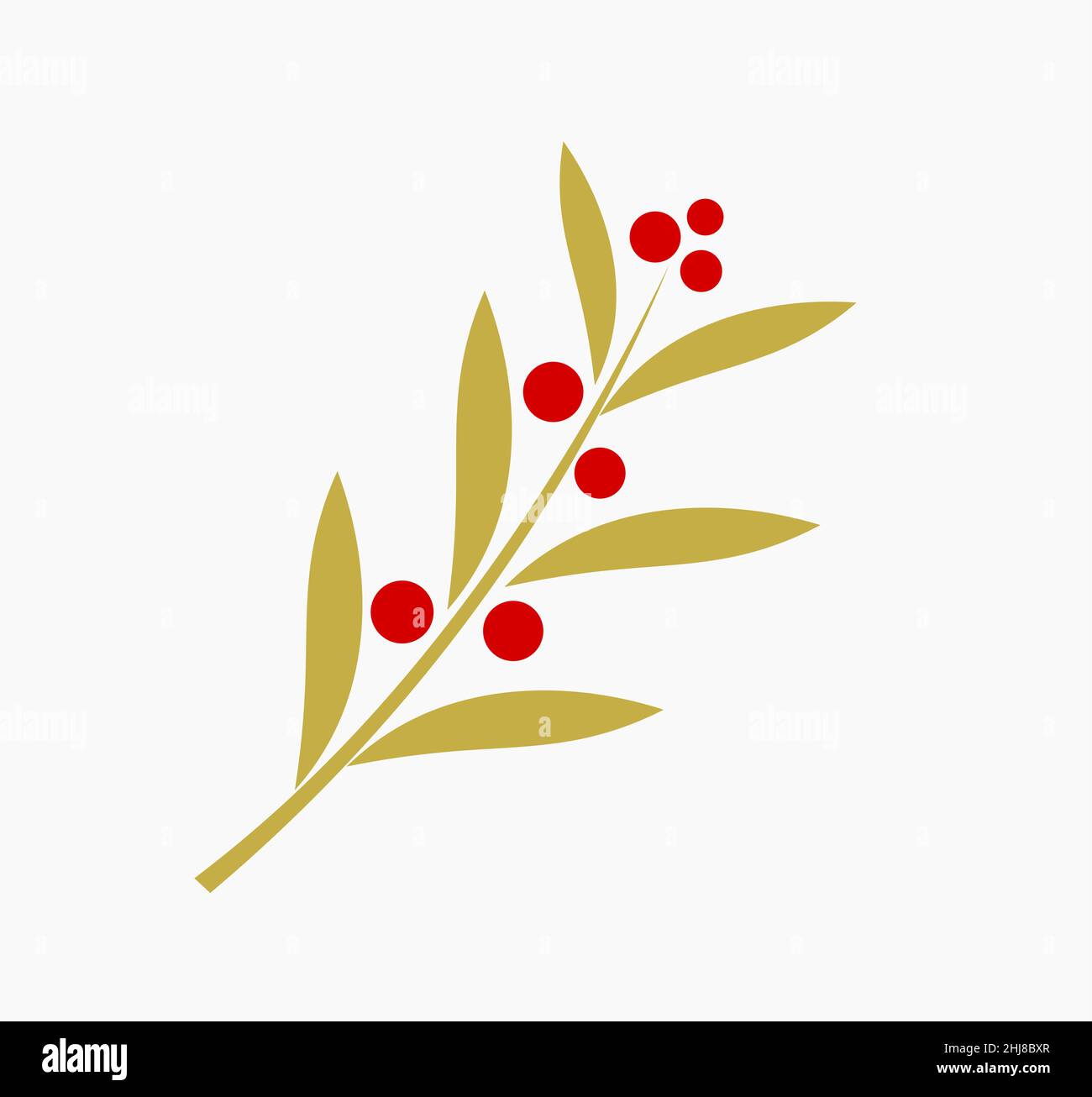 Christmas mistletoe gold branch with red berries. Vector illustration ...