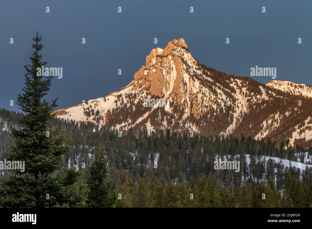 first light on ross peak in the bridger range against a dark winter sky ...