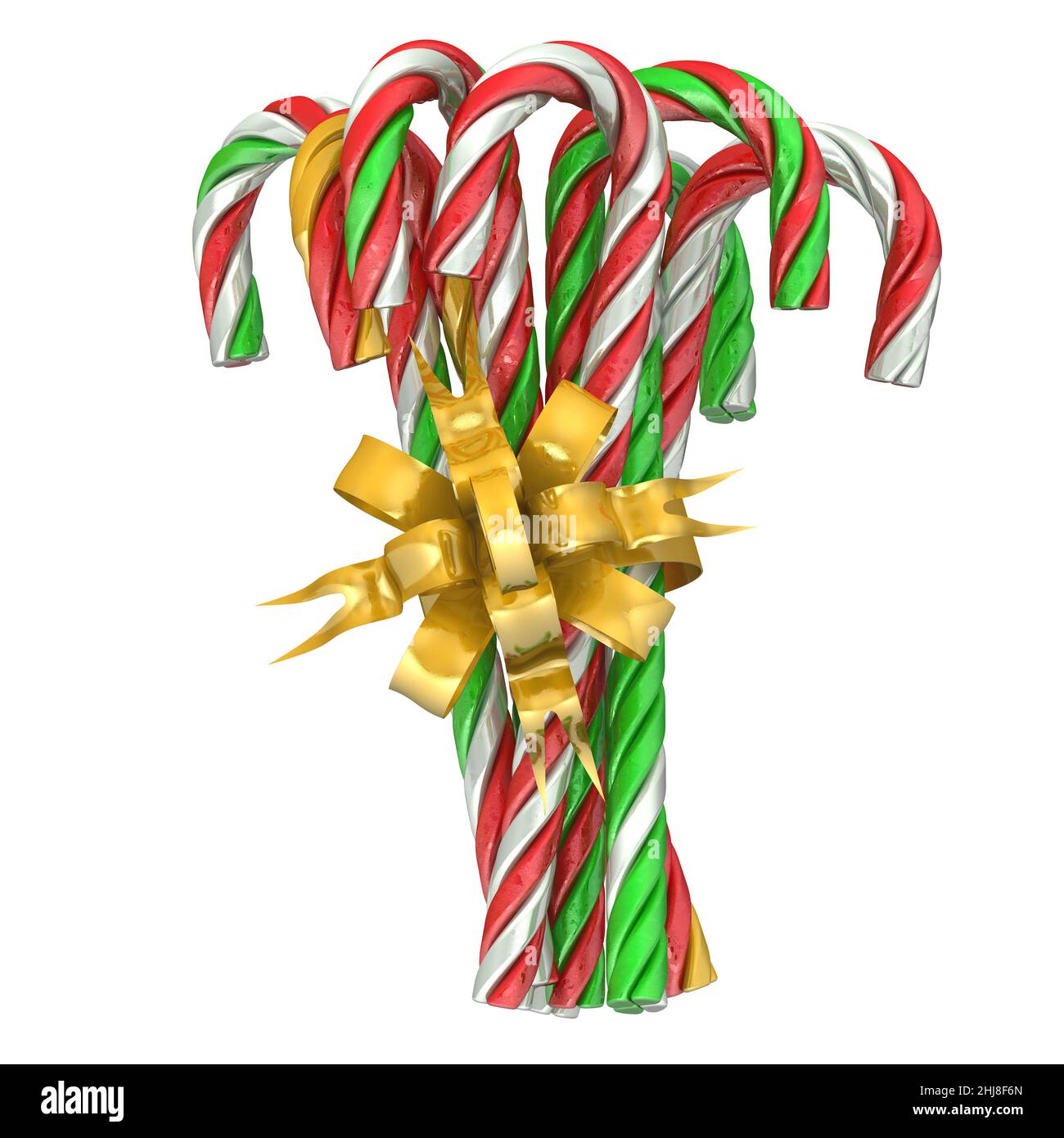 Candy canes tied with bow. Bundle of Xmas candy canes tied with golden ...