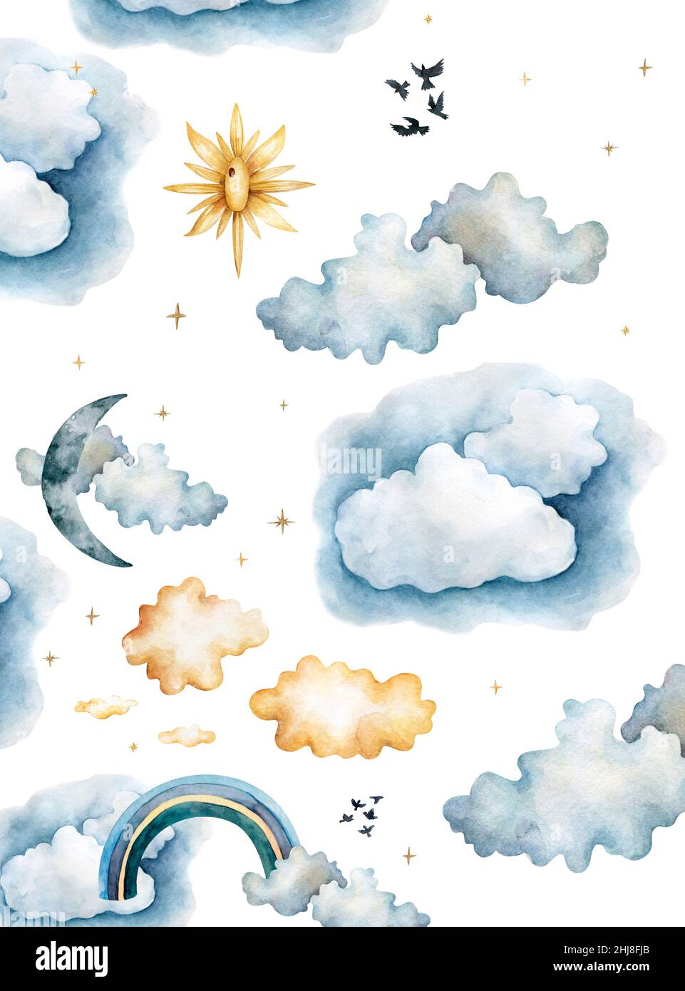 watercolor clouds with stars in pastel colors. Vintage watercolor set ...