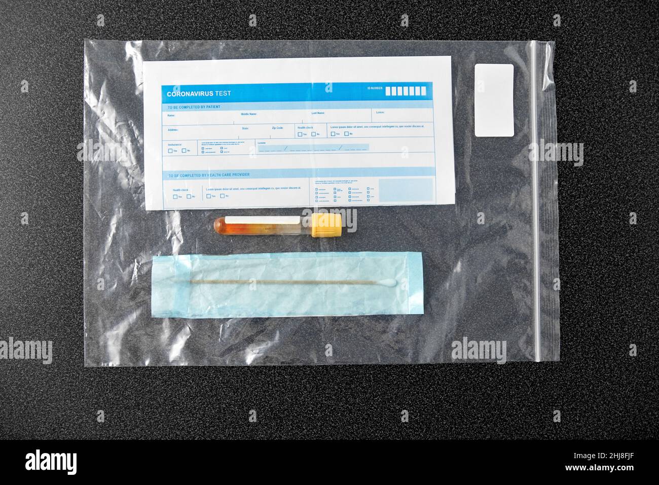 beaker with test, cotton swab and medical report Stock Photo - Alamy