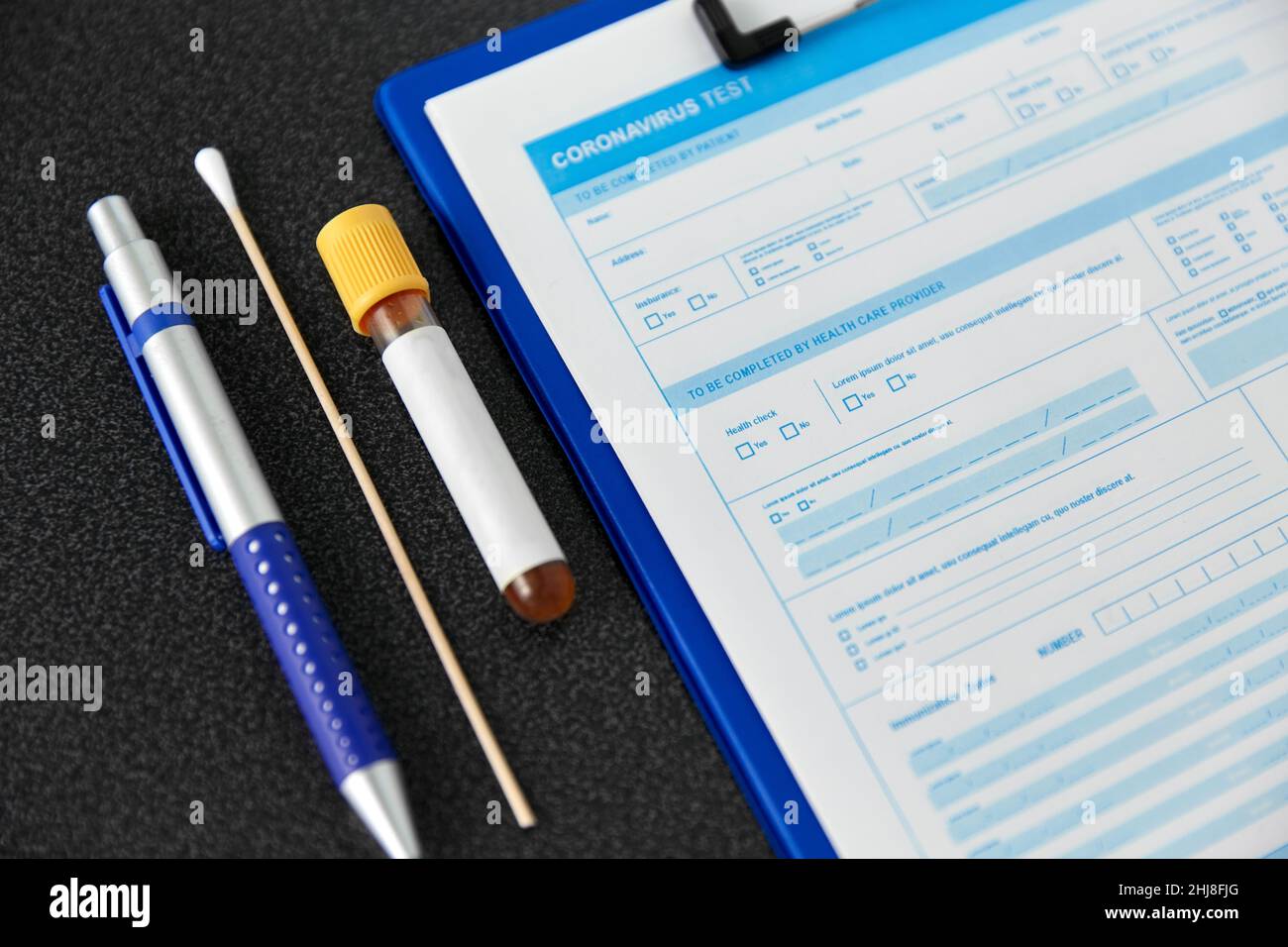 medical report, test tube, cotton swab and pen Stock Photo - Alamy