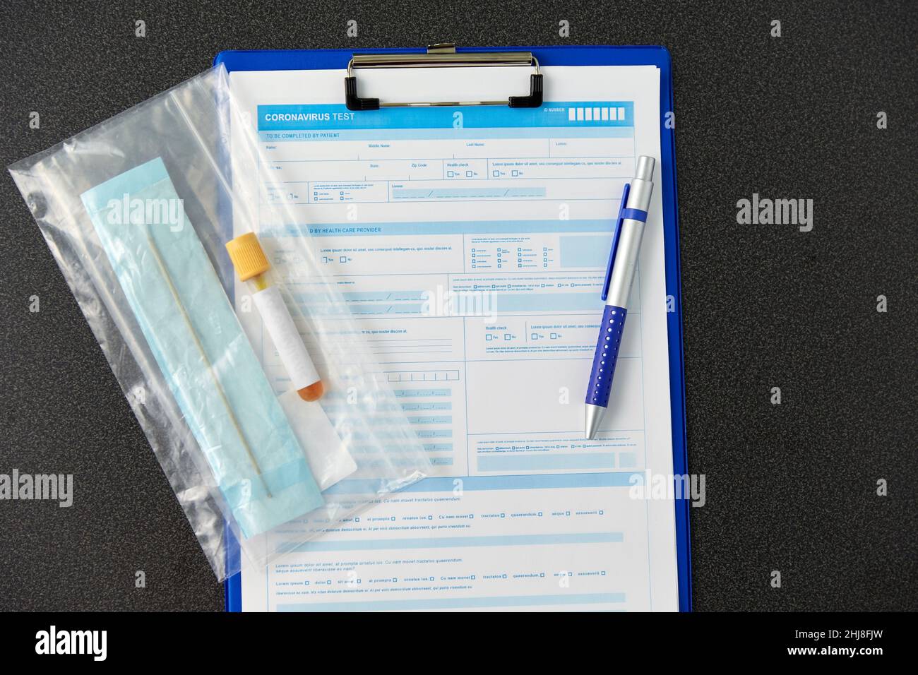 beaker with test, cotton swab and medical report Stock Photo - Alamy