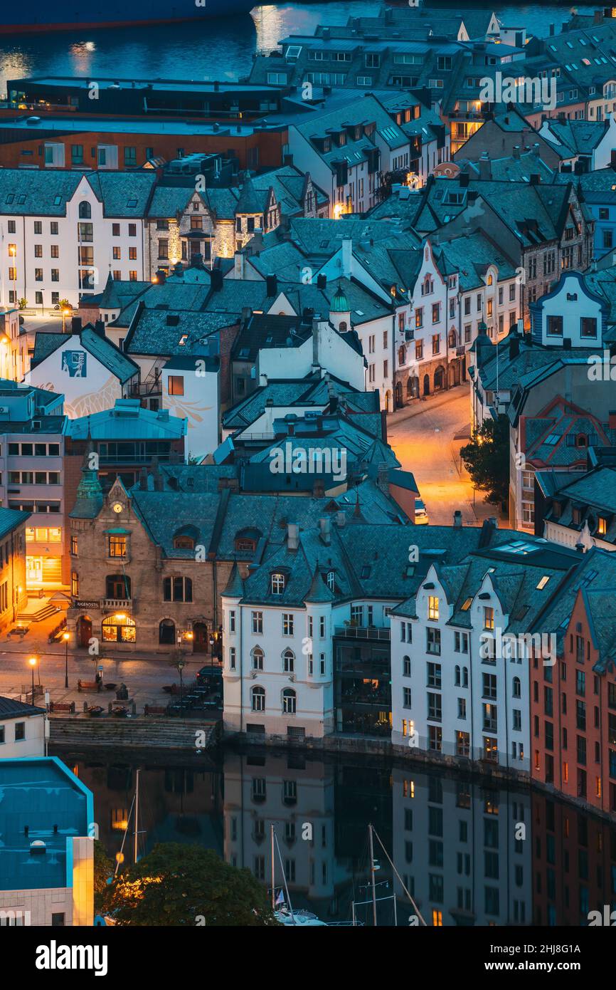 Alesund, Norway. Night View Of Alesund Skyline Cityscape. Historical ...