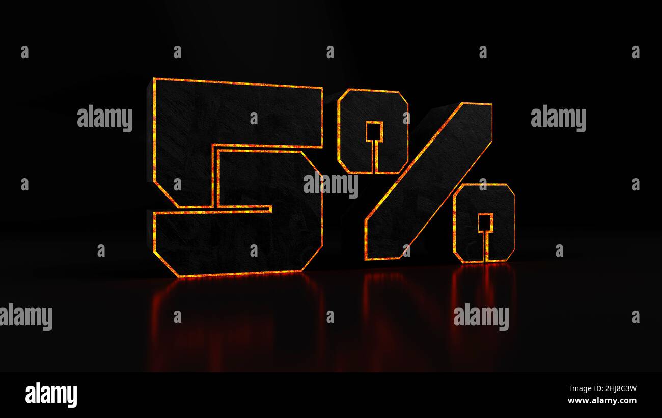 Five percent sign with golden borders and a red reflection on the ...