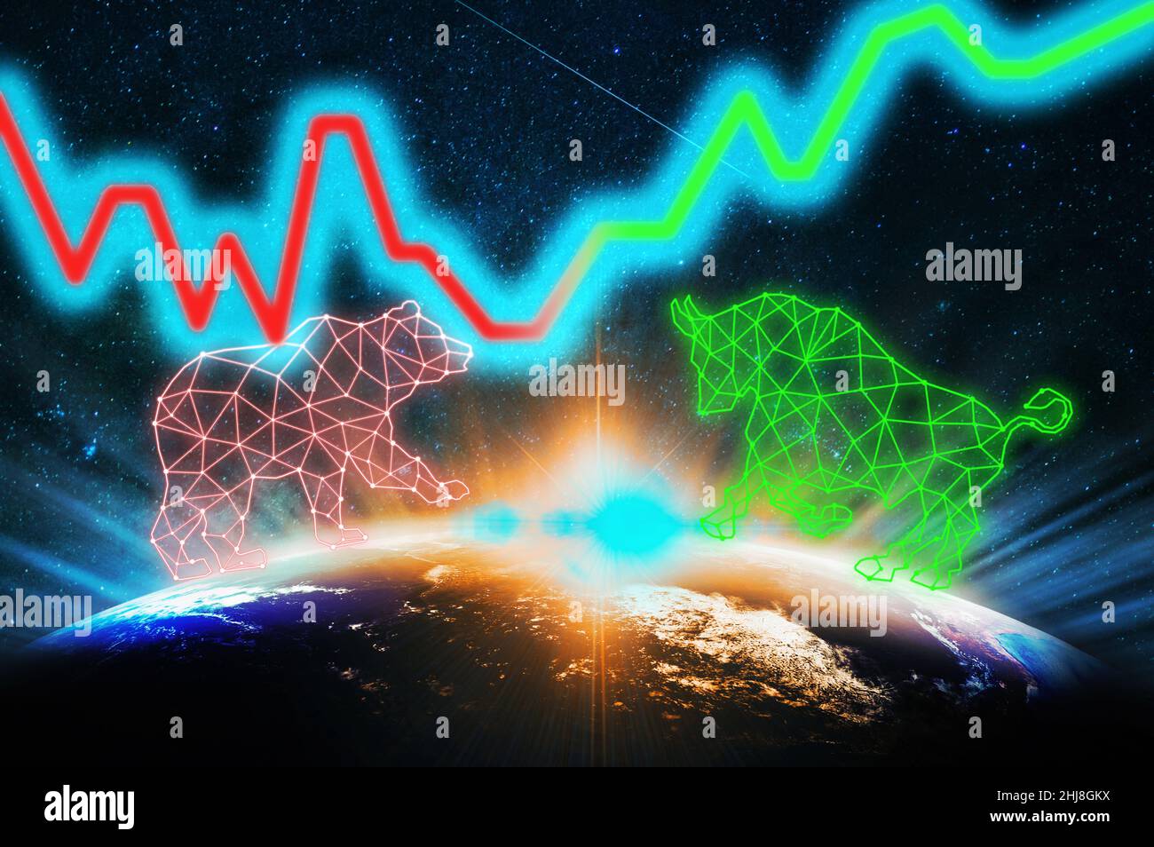 polygonal bull and bear shape writing by lines and dots over Part of ...