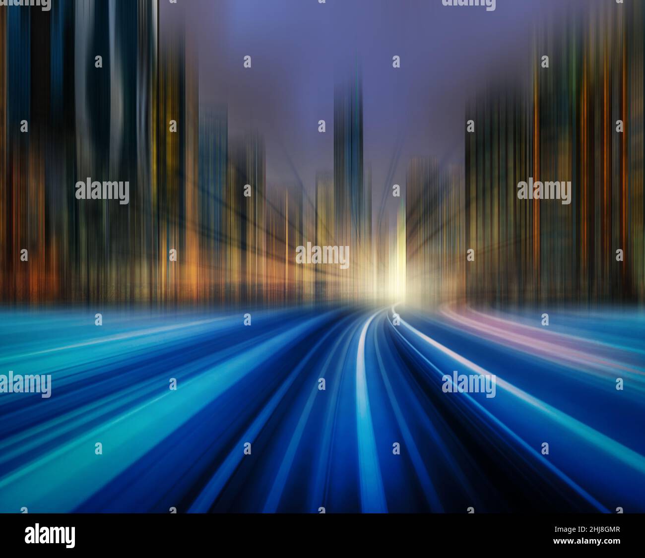 Futuristic scene Motion blur movement between elevated train line over ...