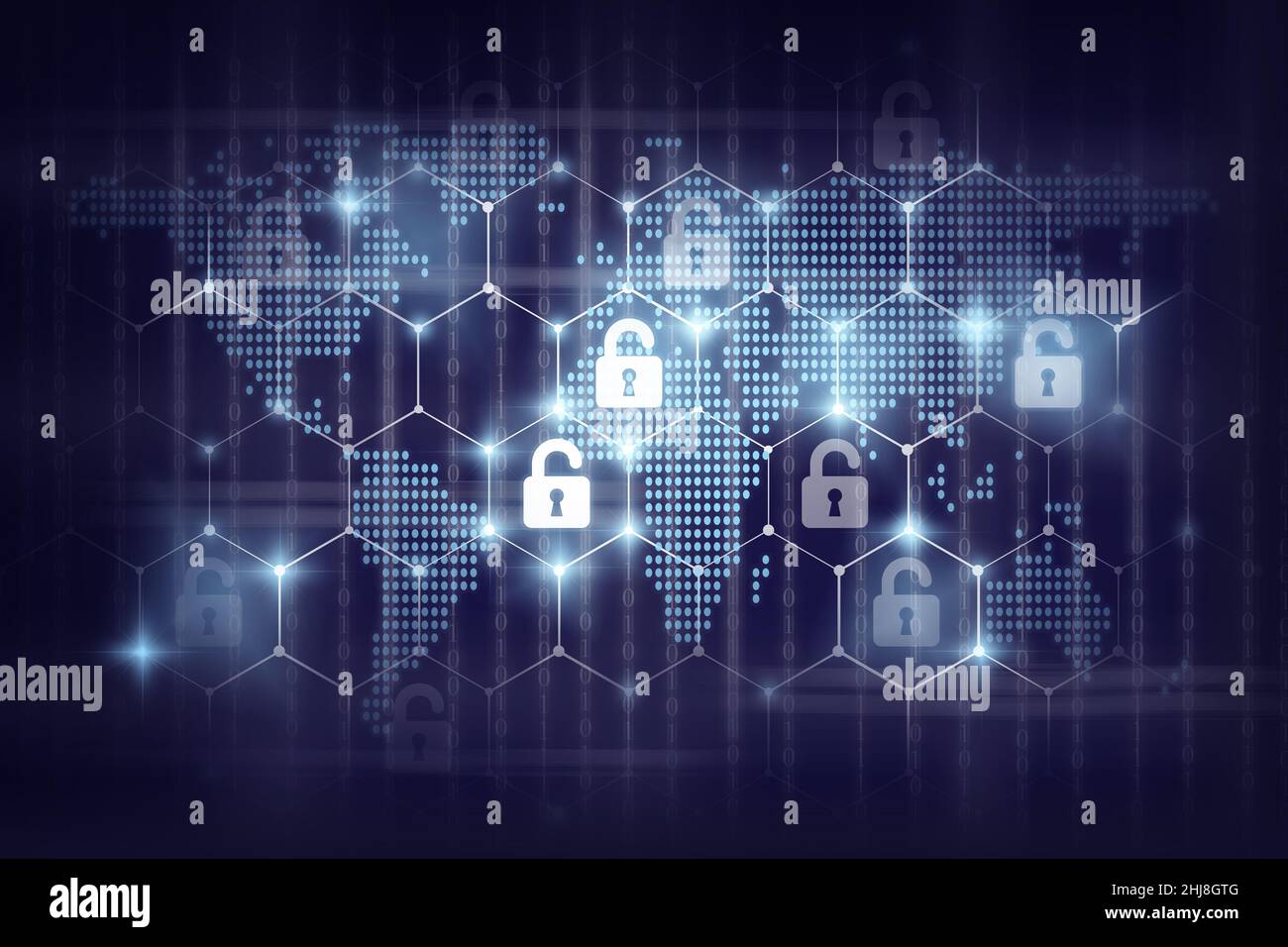 Security key lock icon digital display over the world map and Hexagon ...