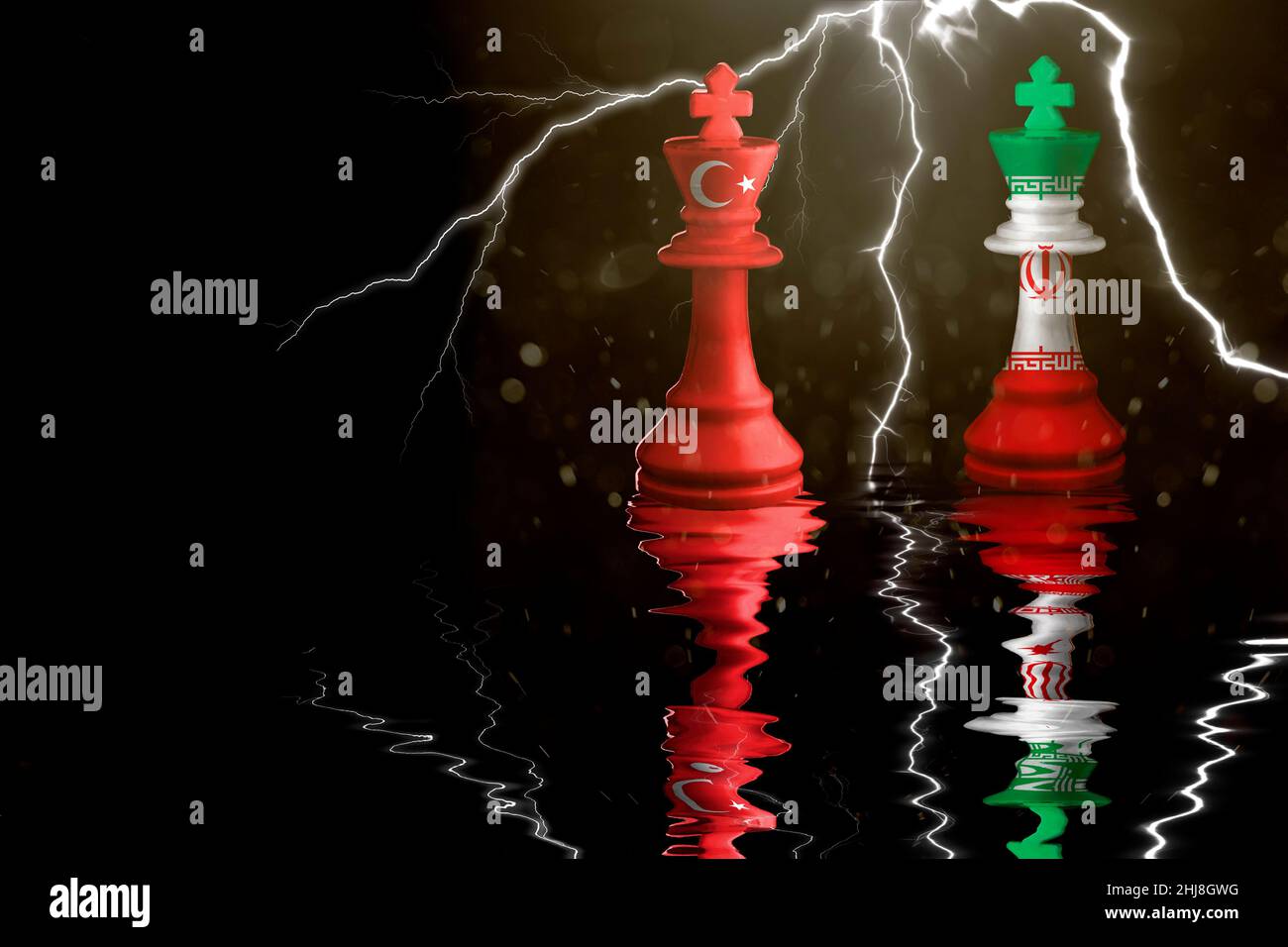 turkey and iran flags paint over on chess king. 3D illustration turkey ...