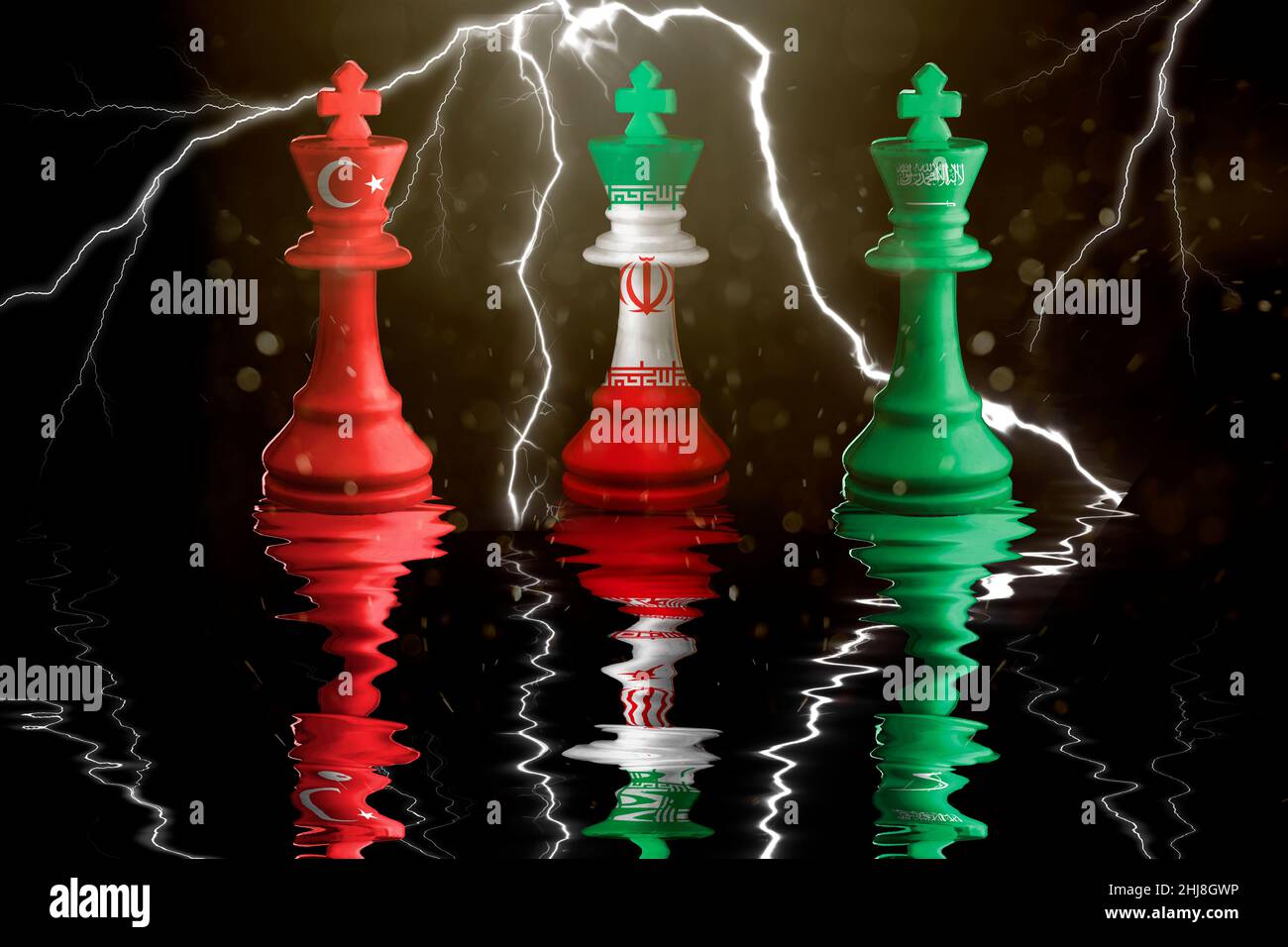 turkey, iran and saudi arabia flags paint over on chess king. 3D ...