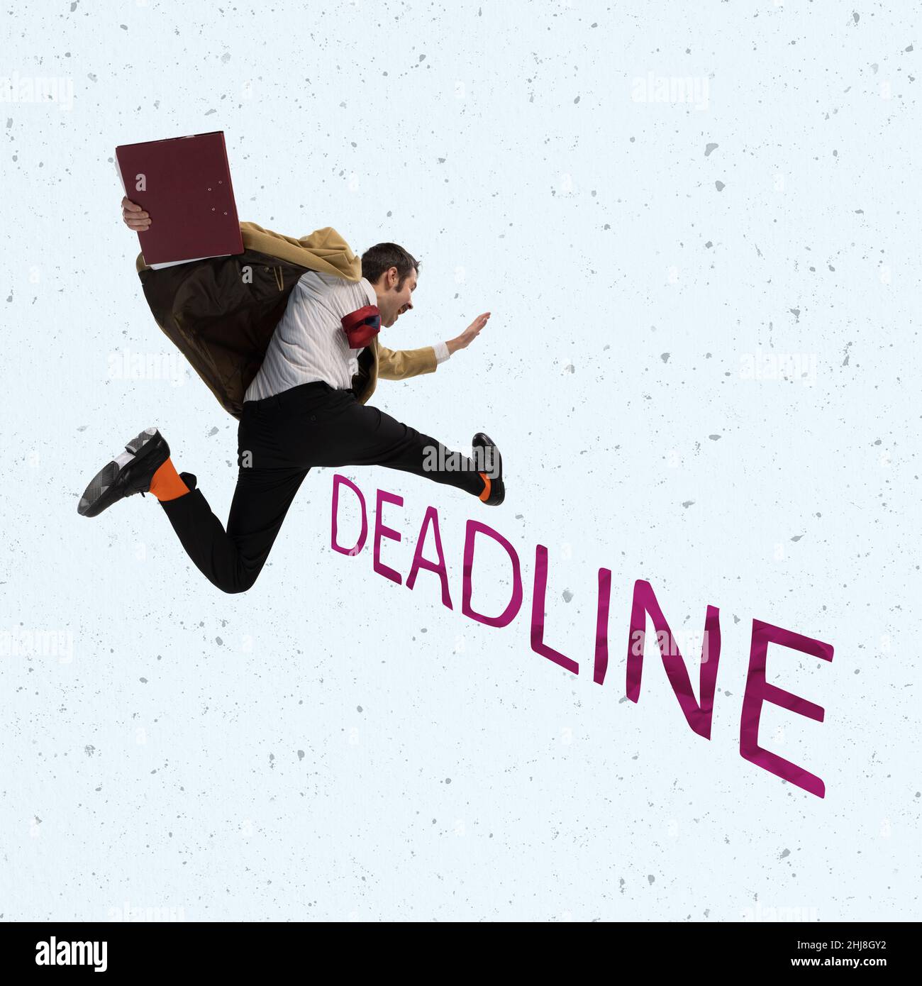 Contemporary art collage. Businessman, motivated office worker jumping ...