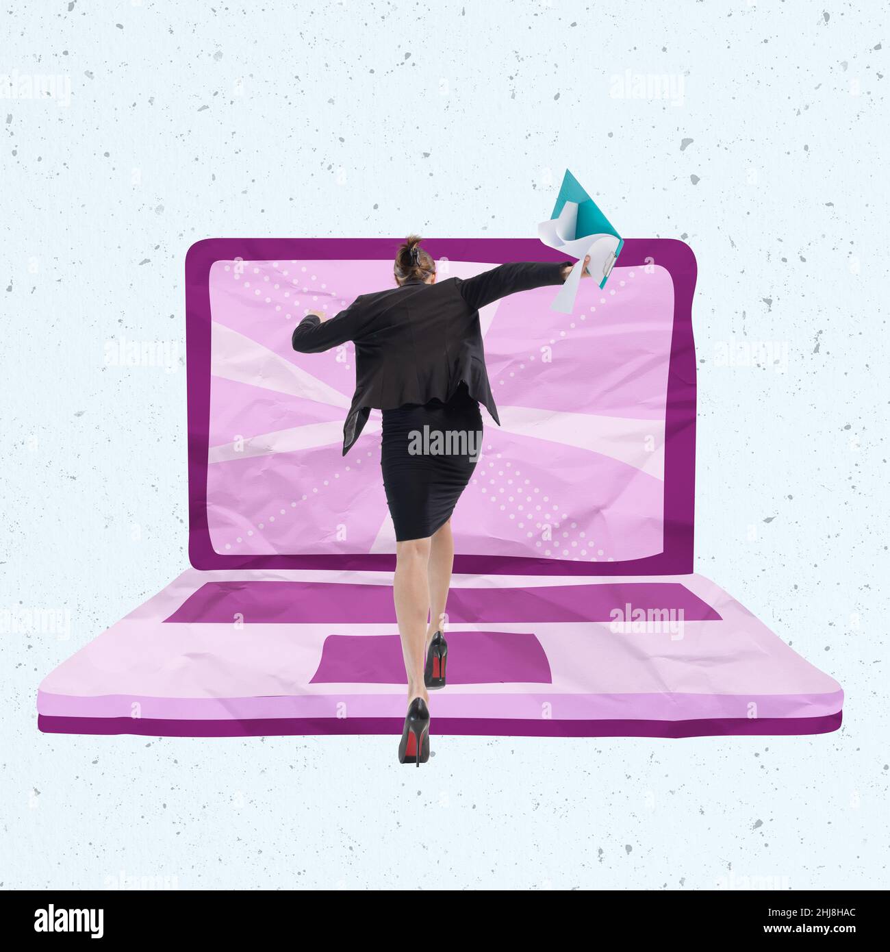 Contemporary art collage. Businesswoman running into laptop screen ...