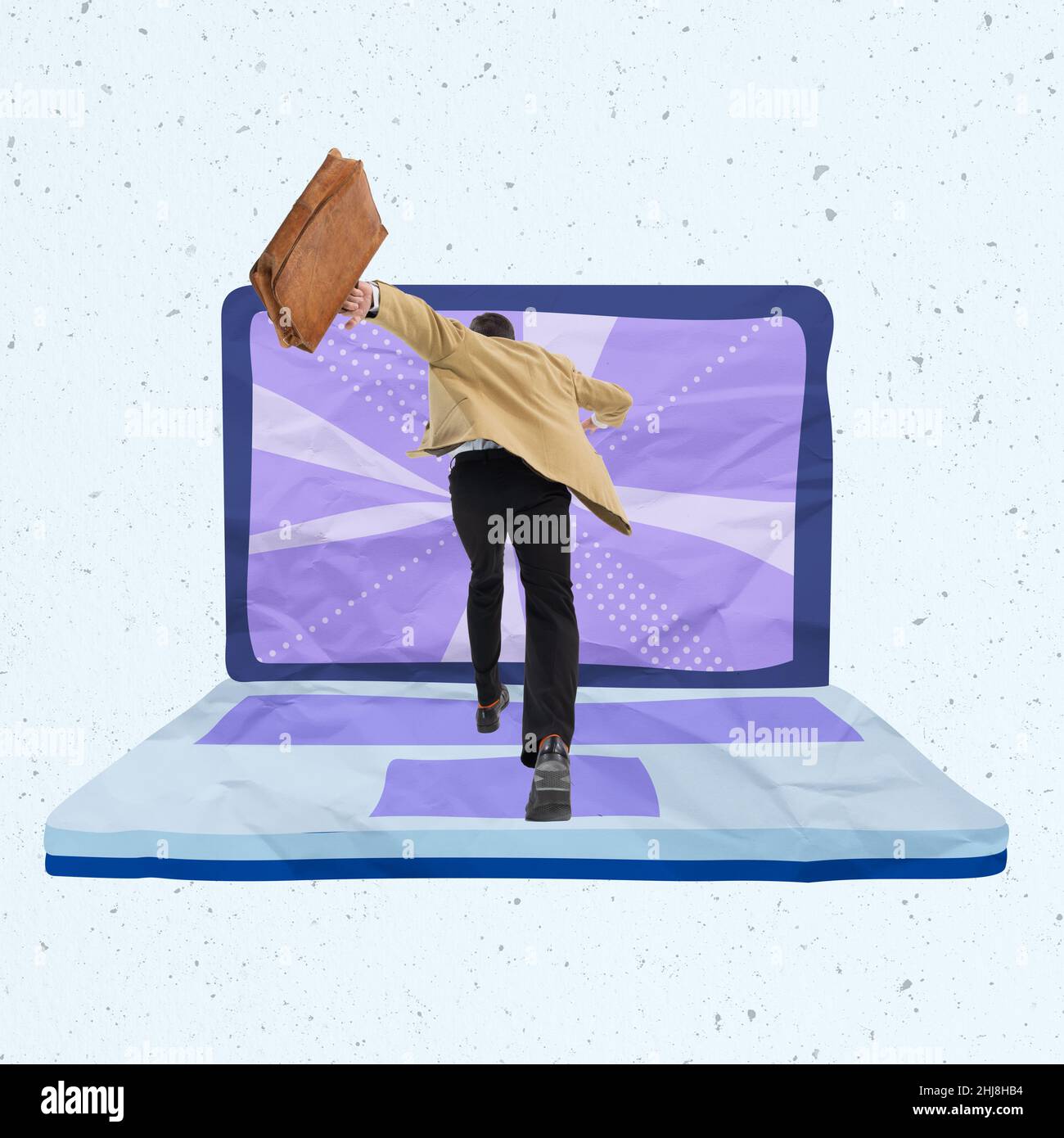 Contemporary art collage. Businessman running into laptop screen Stock ...