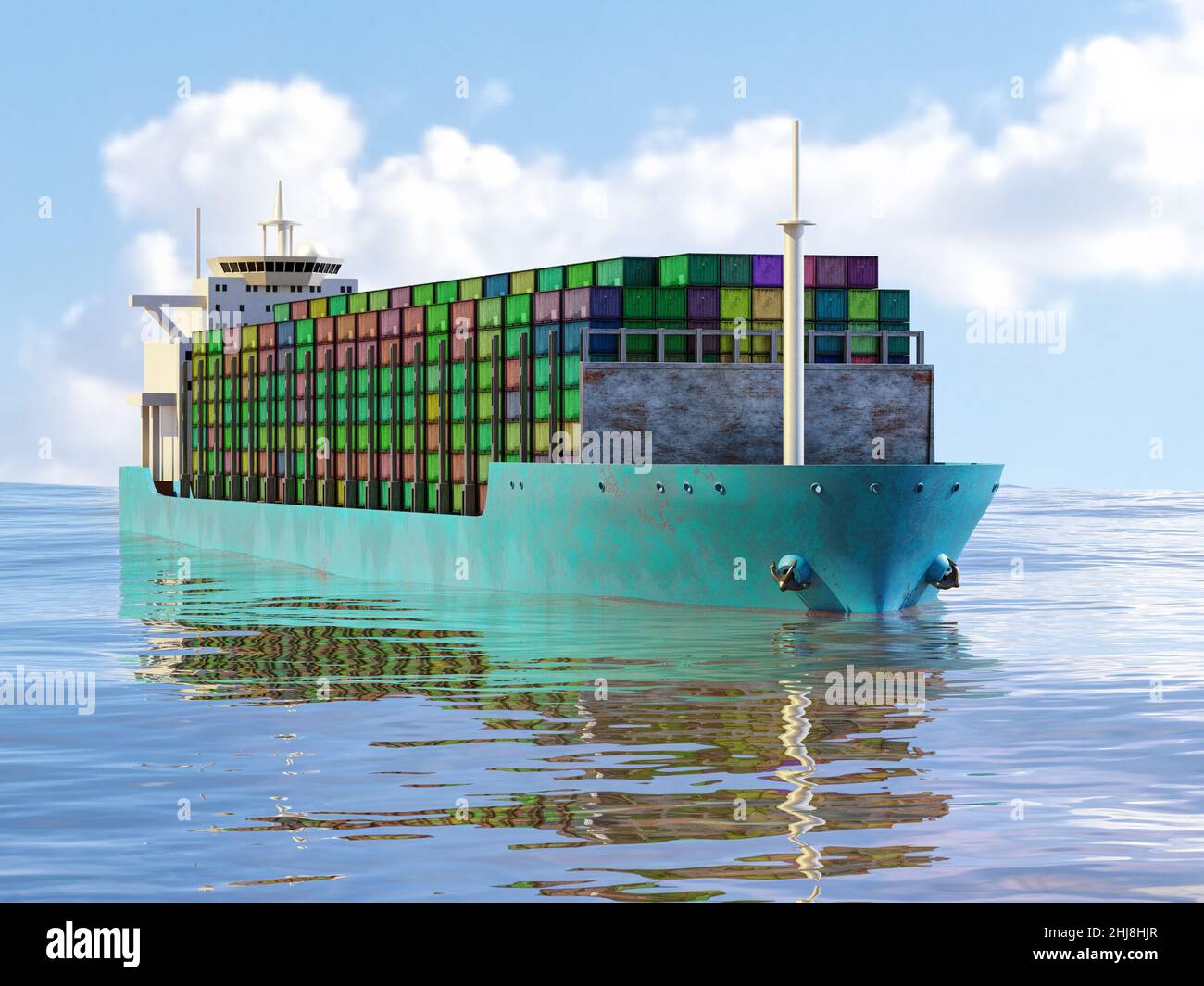 3D rendering of large cargo ship full of container load on the open sea ...
