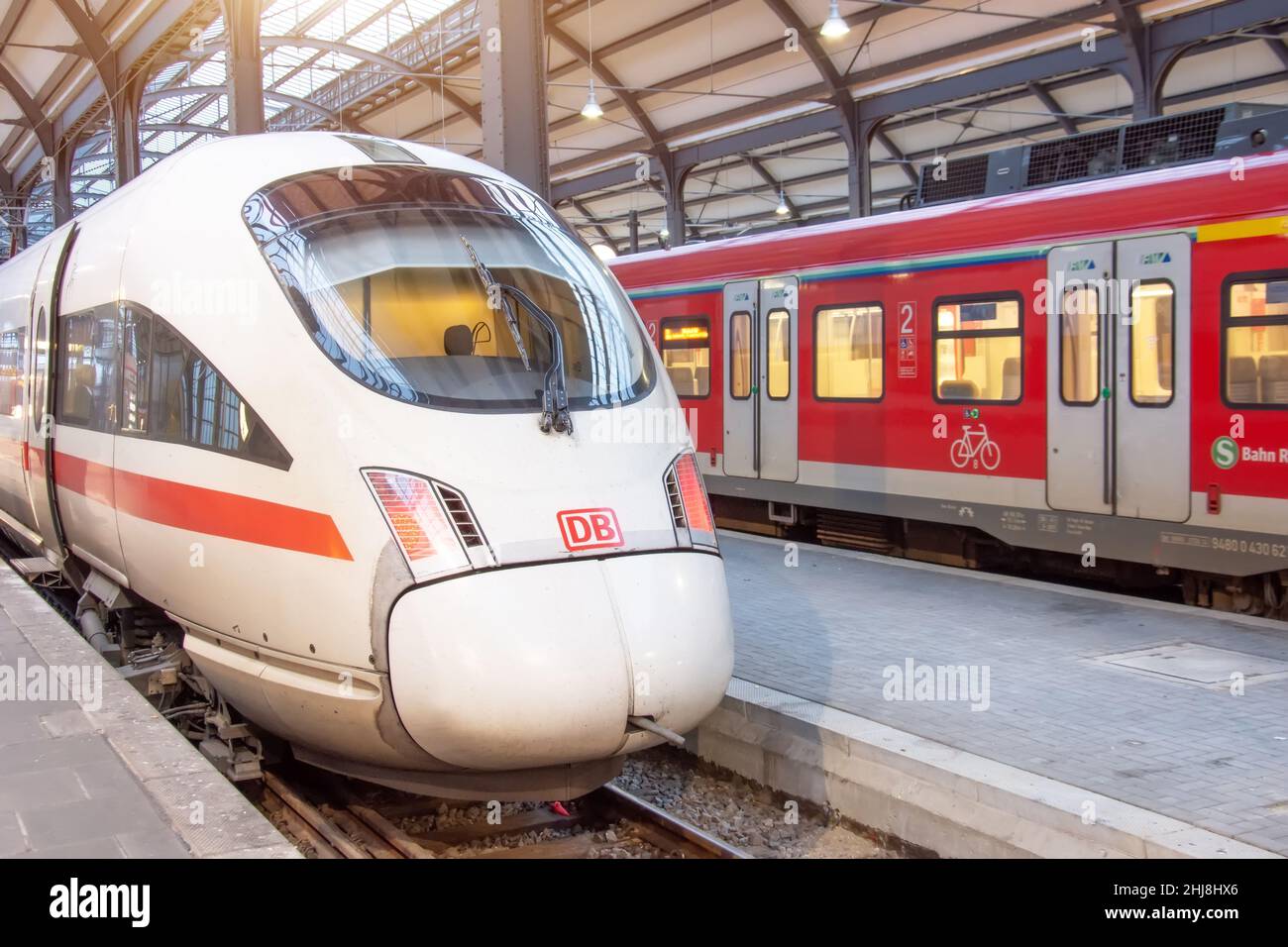 Deutsche Bahn train stopping at platform. Germany, Wiesbaden. 15 ...