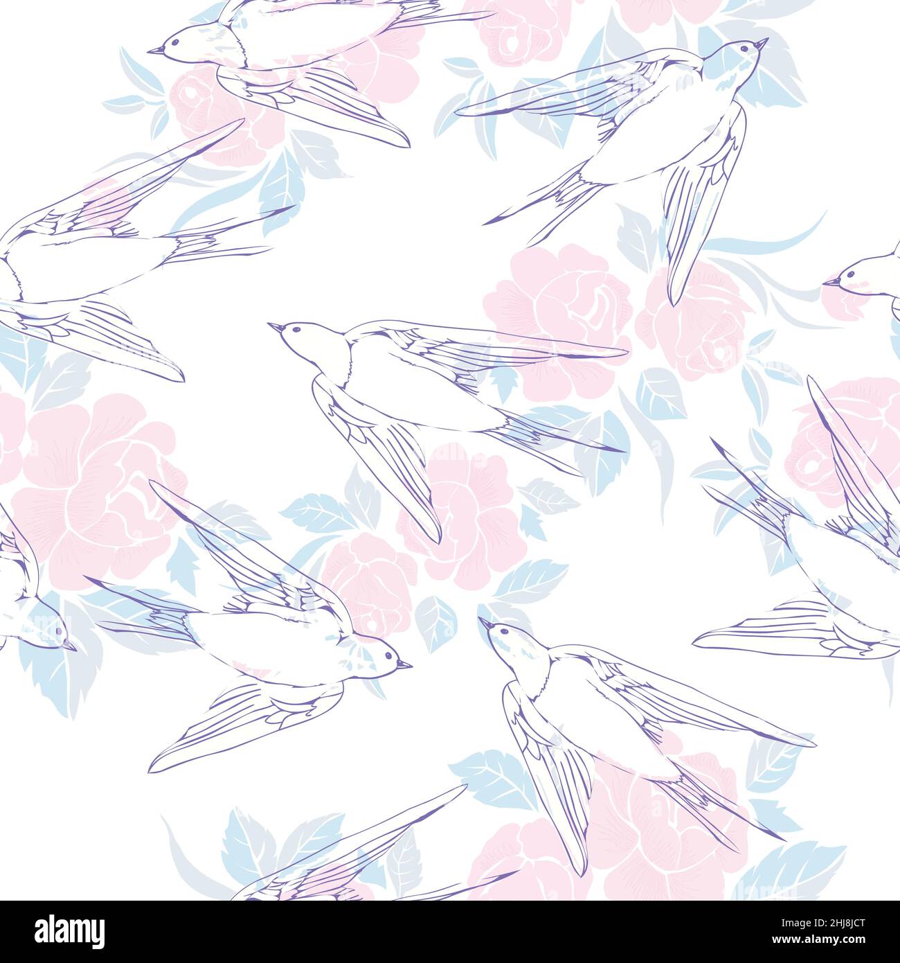 Hand drawn swallow bird seamless pattern. Spring vector illustration ...