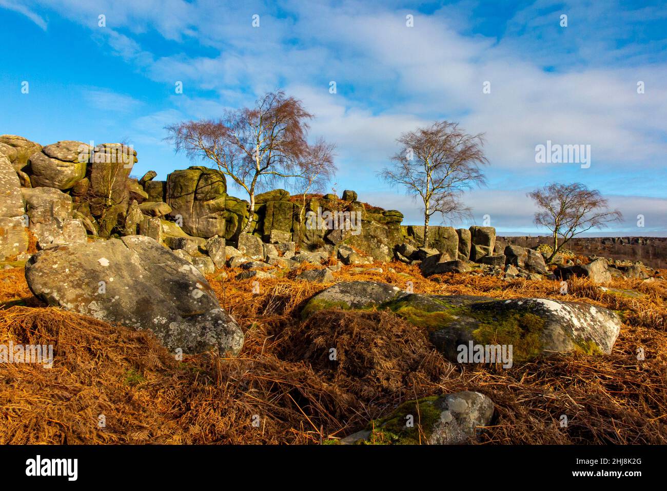 Winter view with rocks and trees at Gardom's Edge near Baslow in the ...