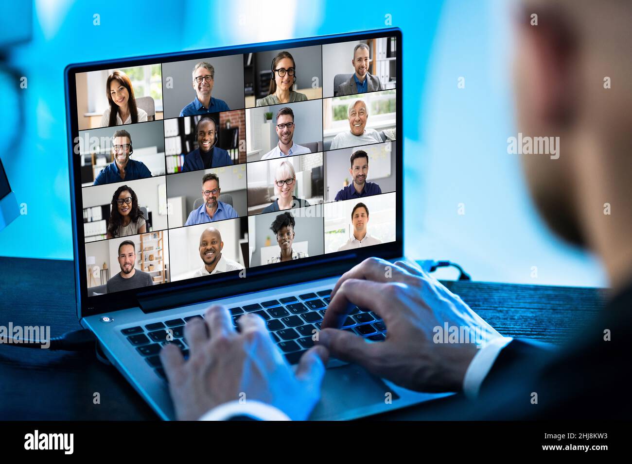 Online Business Meeting Call On Computer At Night Stock Photo - Alamy