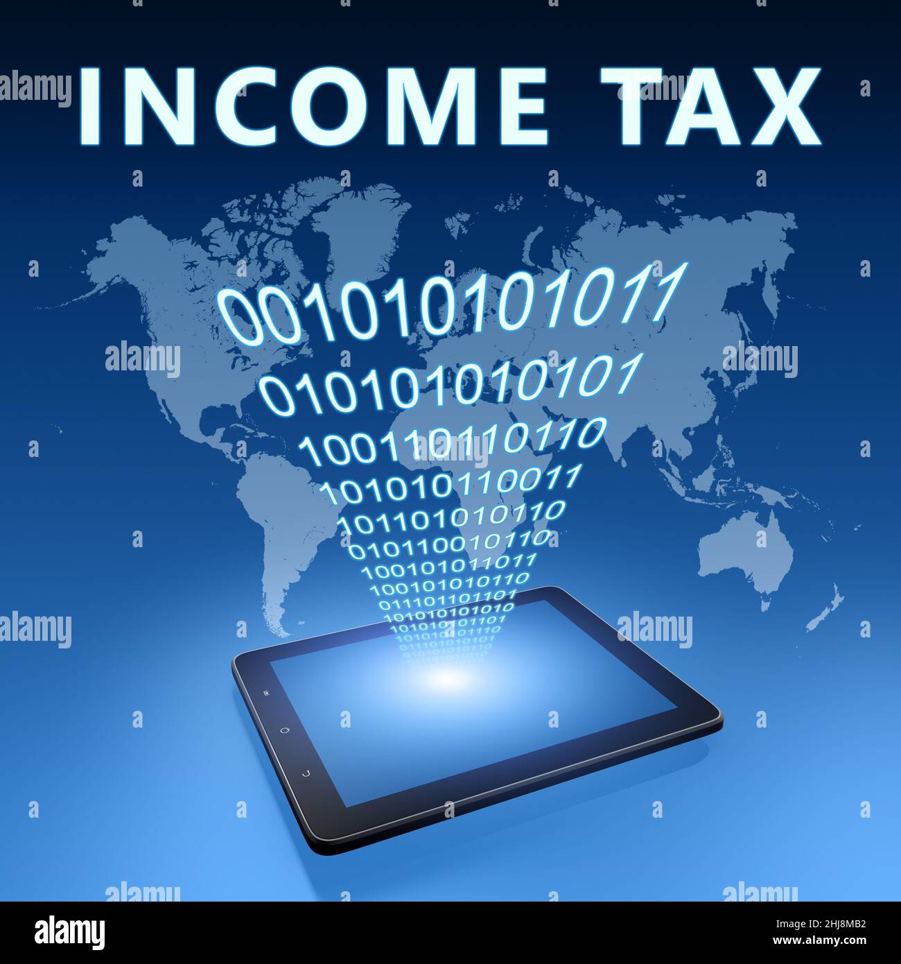 Income Tax - text concept with tablet computer on blue wolrd map ...