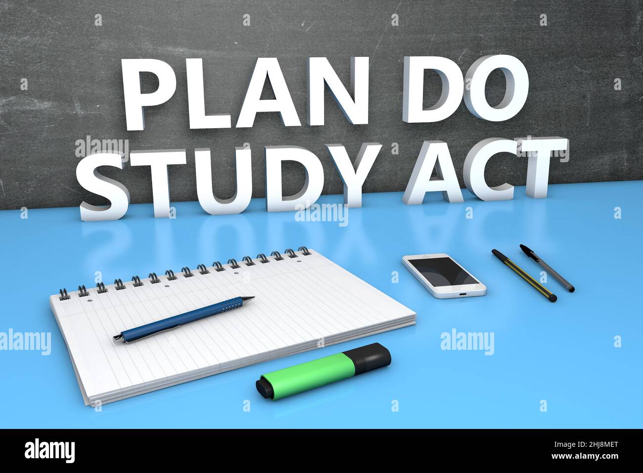 PDSA - Plan Do Study Act - text concept with chalkboard, notebook, pens ...