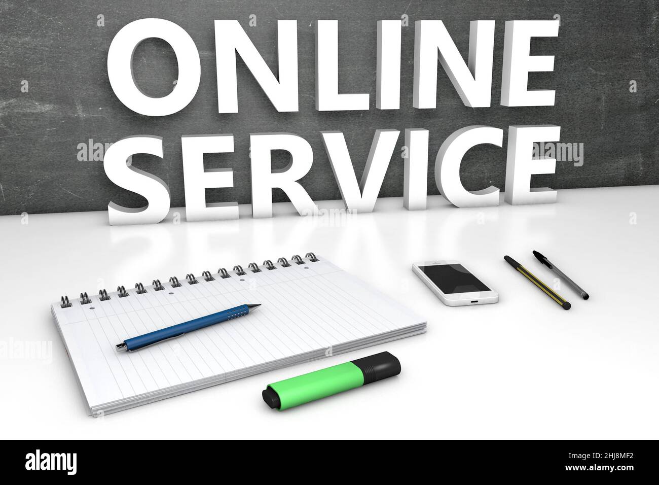 Online Service - text concept with chalkboard, notebook, pens and ...
