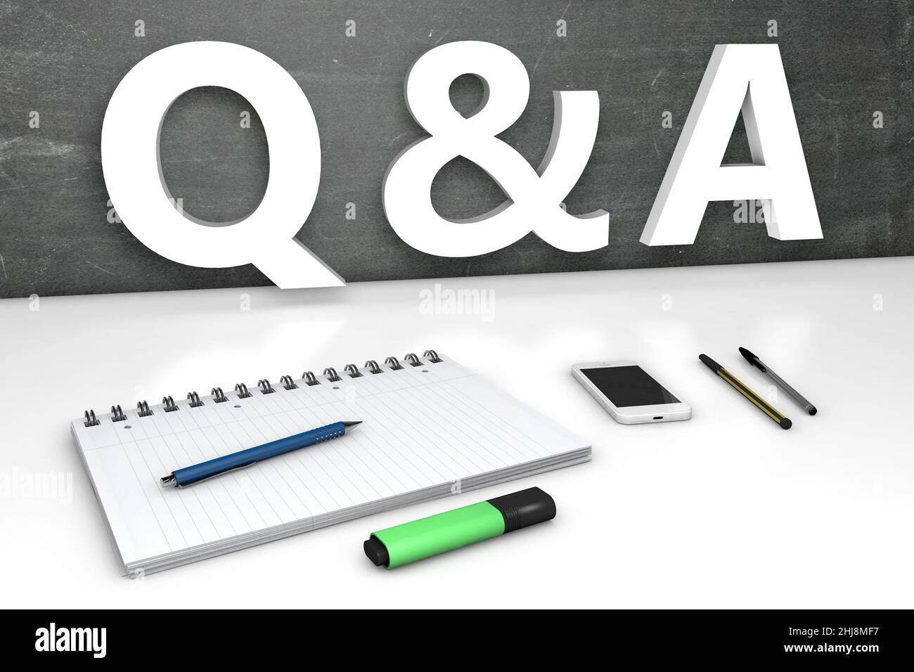 Questions and Answers - text concept with chalkboard, notebook, pens ...