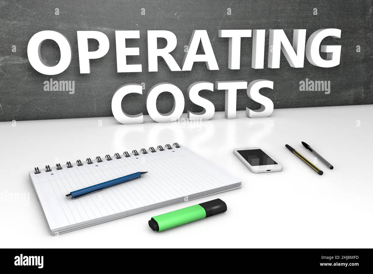 Operating Costs - text concept with chalkboard, notebook, pens and ...