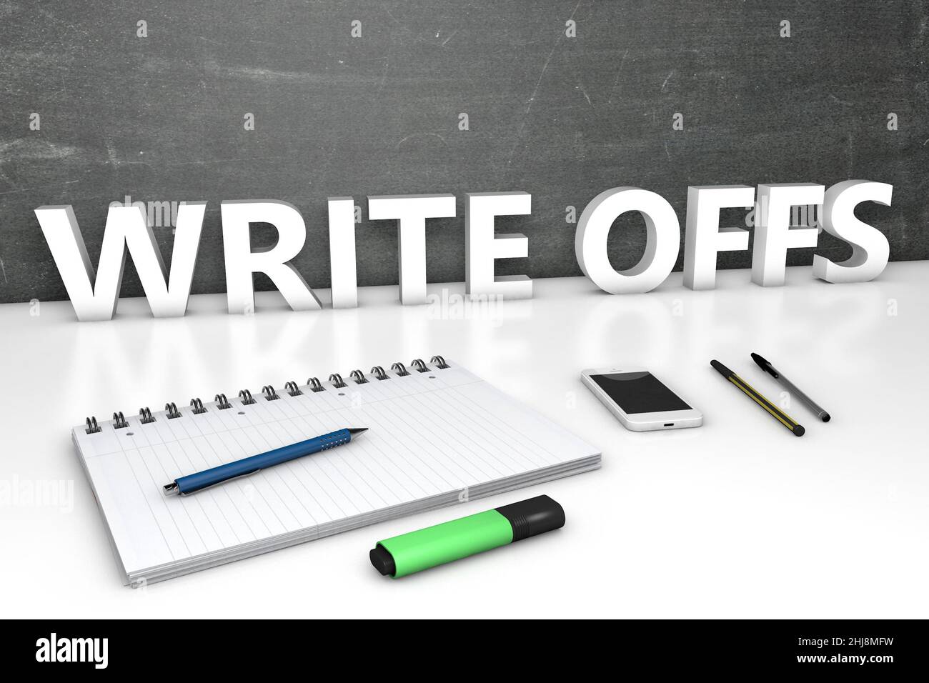 Write offs - text concept with chalkboard, notebook, pens and mobile ...