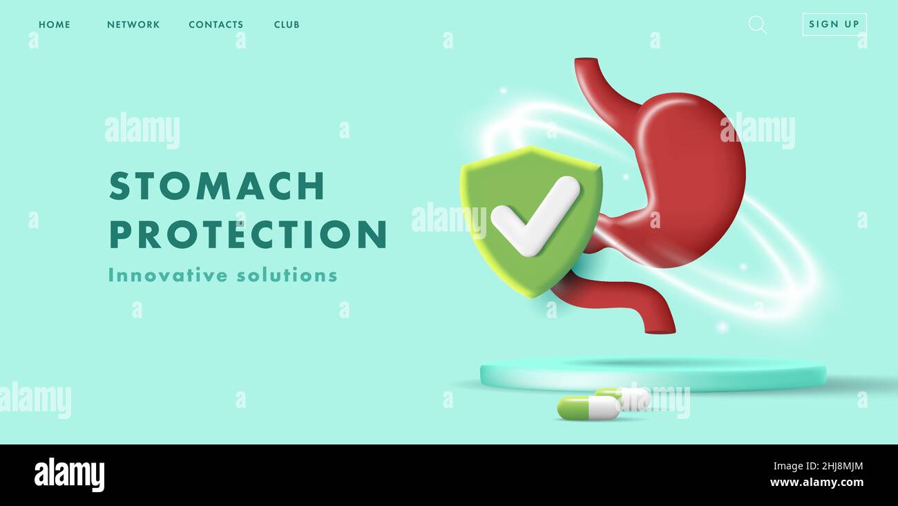 Web banner with 3d illustration of stomach protection with medicine ...