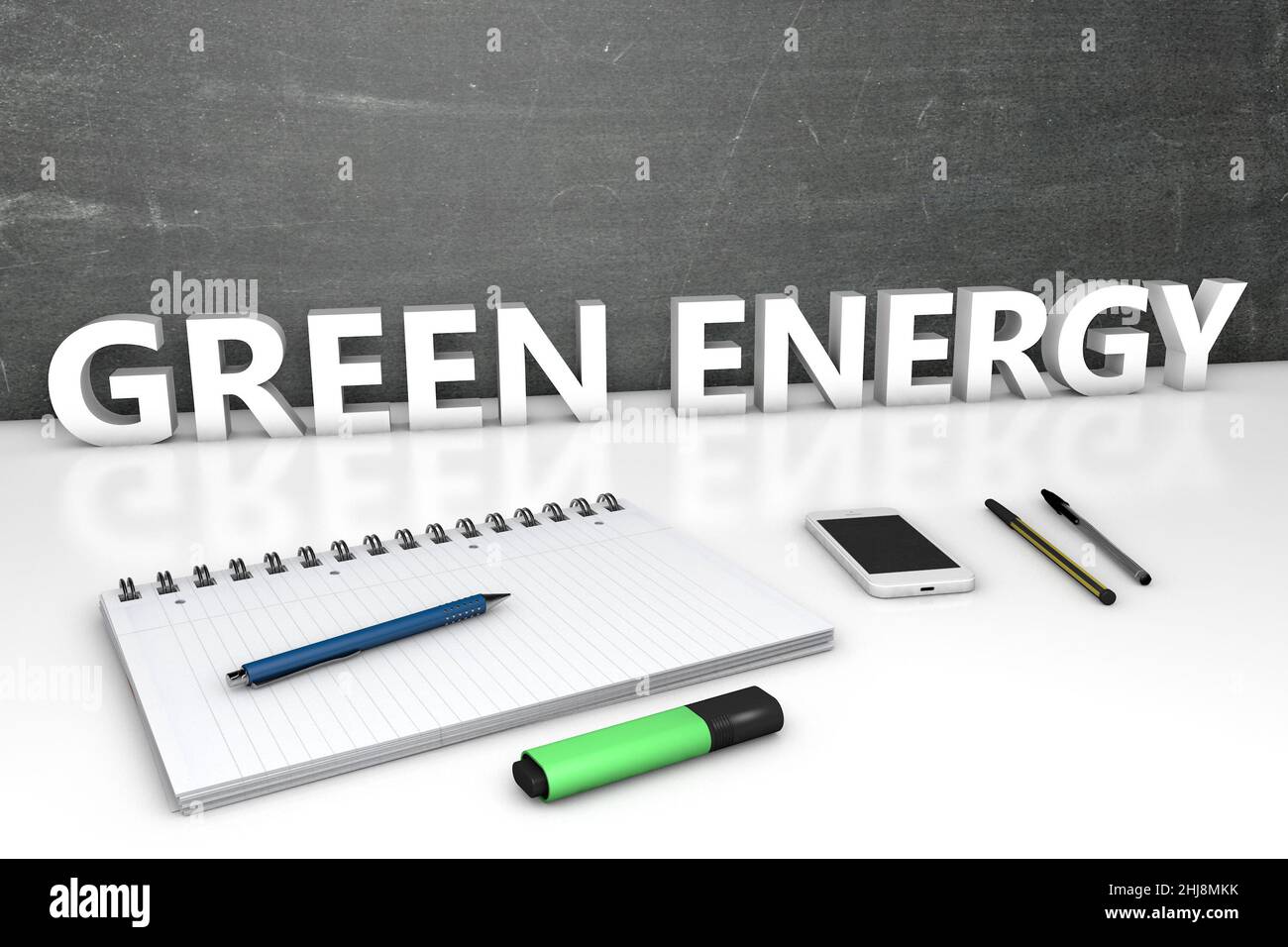 Green Energy - text concept with chalkboard, notebook, pens and mobile ...