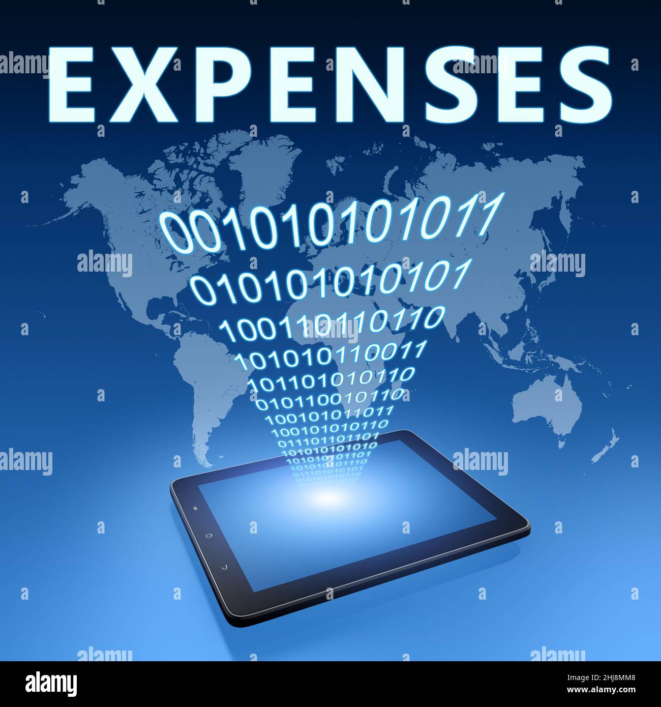 Expenses - text concept with tablet computer on blue wolrd map ...
