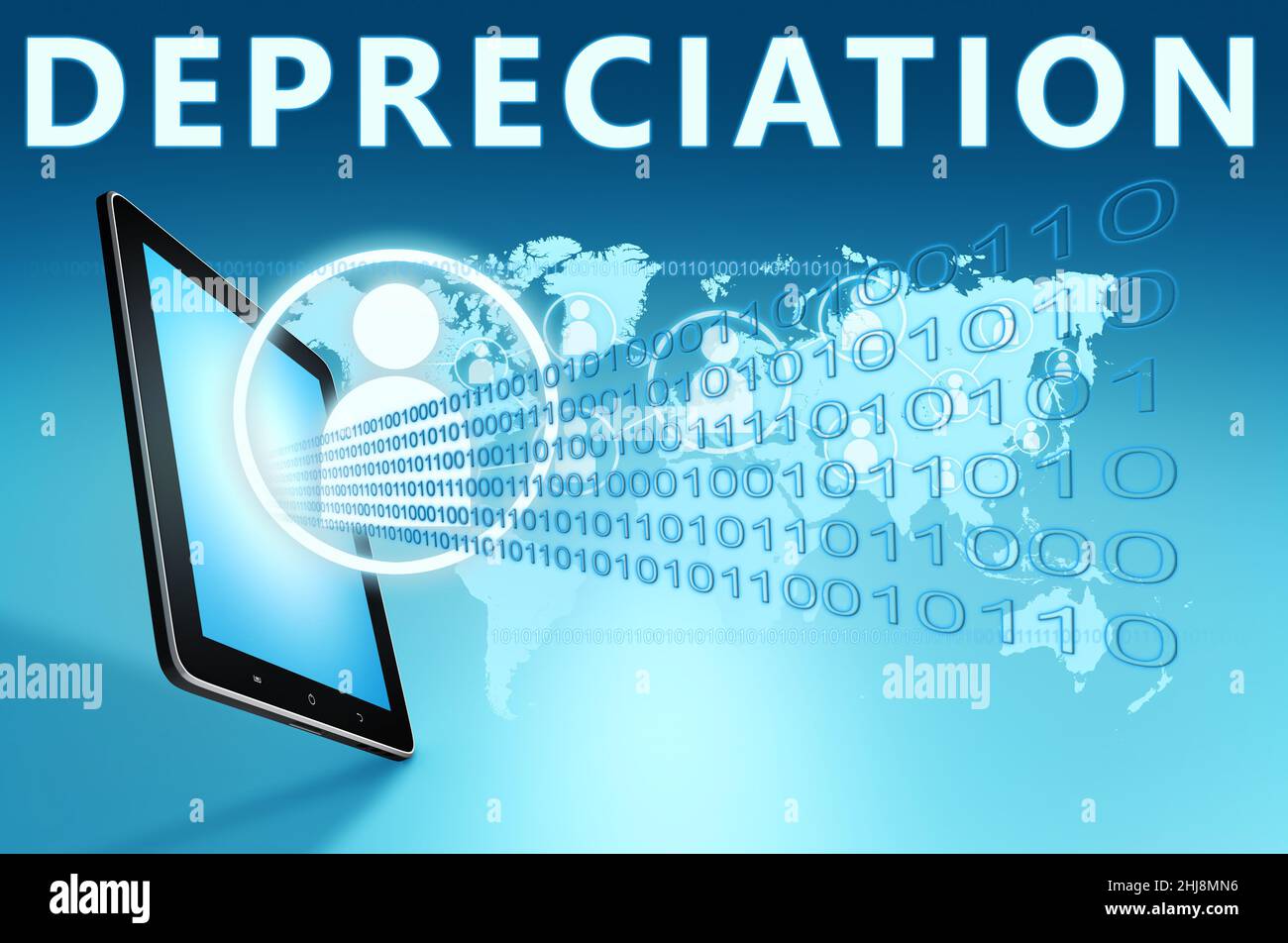 Depreciation - text concept with tablet computer on blue wolrd map ...