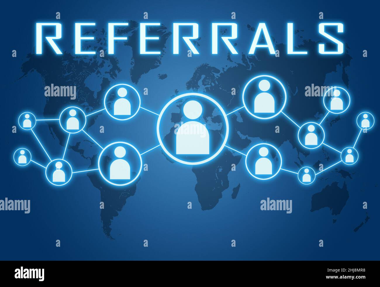 Referrals - text concept on blue background with world map and social ...