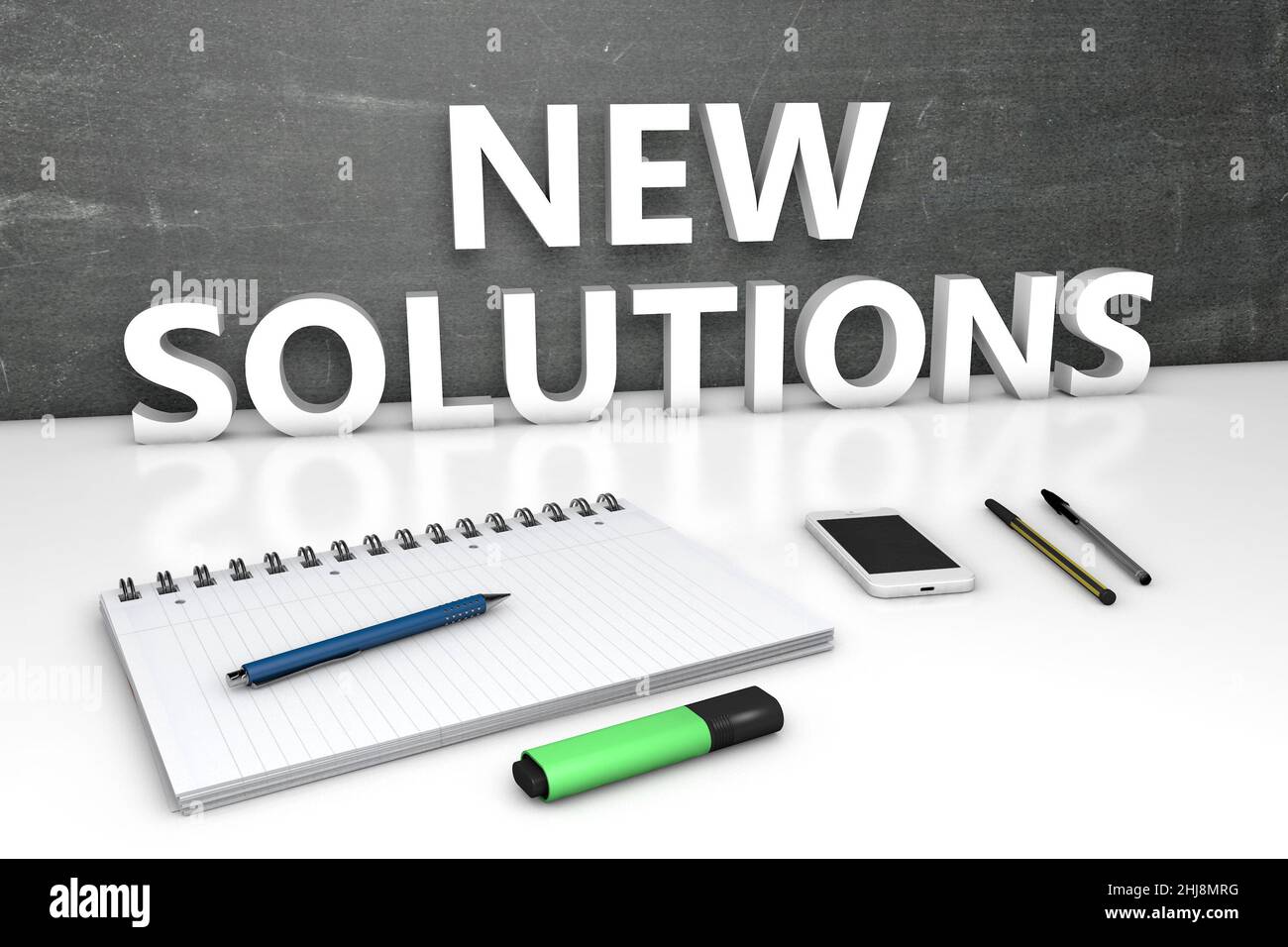 New Solutions - text concept with chalkboard, notebook, pens and mobile ...