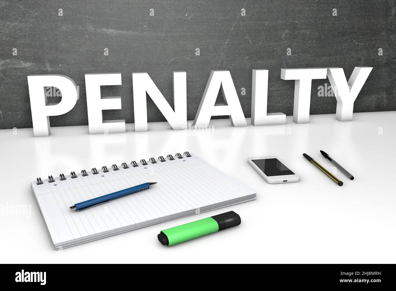 Penalty - text concept with chalkboard, notebook, pens and mobile phone ...