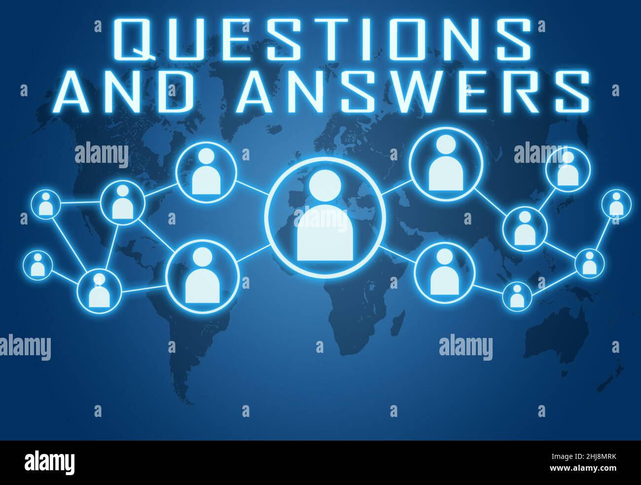 Questions and Answers - text concept on blue background with world map ...