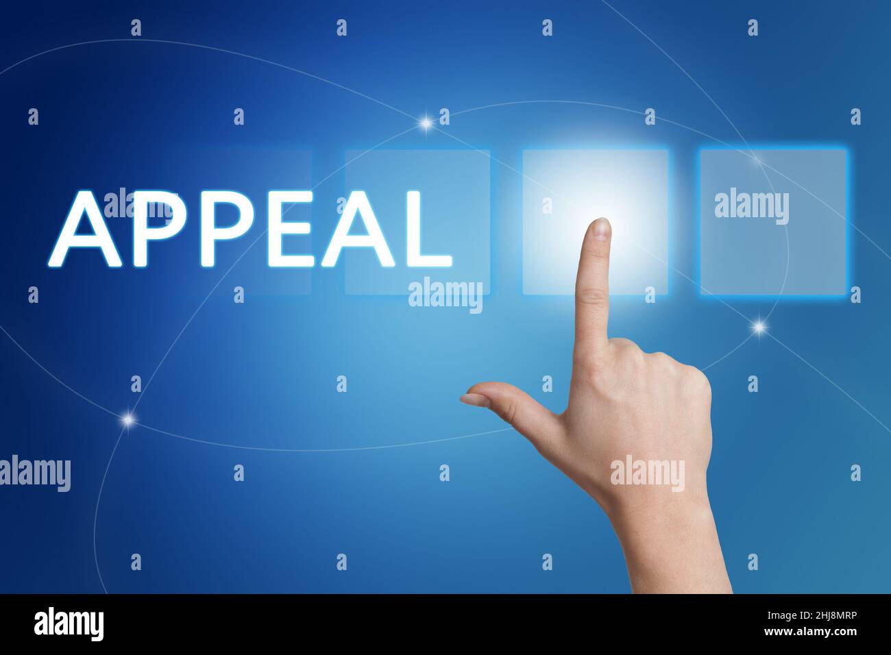 Appeal - Hand button on interface with blue background Stock Photo - Alamy