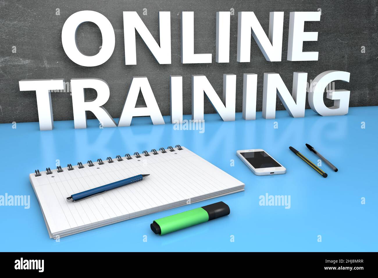 Online Training - text concept with chalkboard, notebook, pens and ...