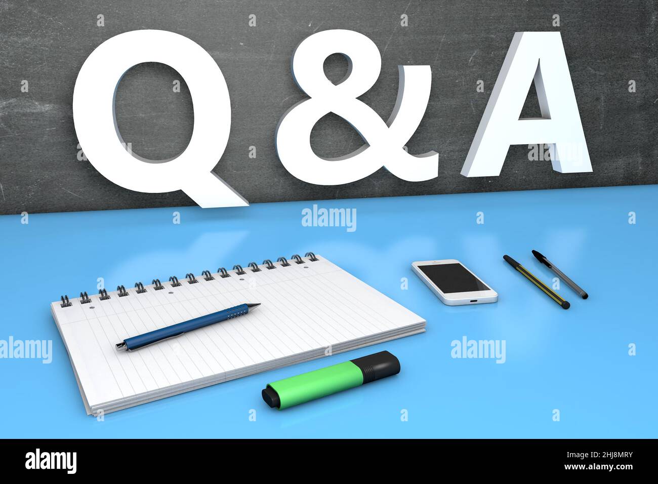 Questions and Answers - text concept with chalkboard, notebook, pens ...