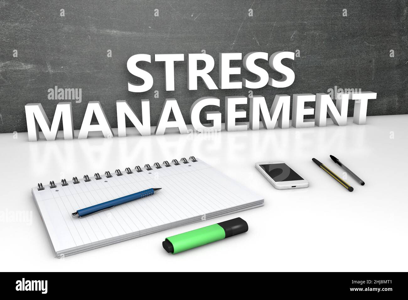 Stress Management - text concept with chalkboard, notebook, pens and ...
