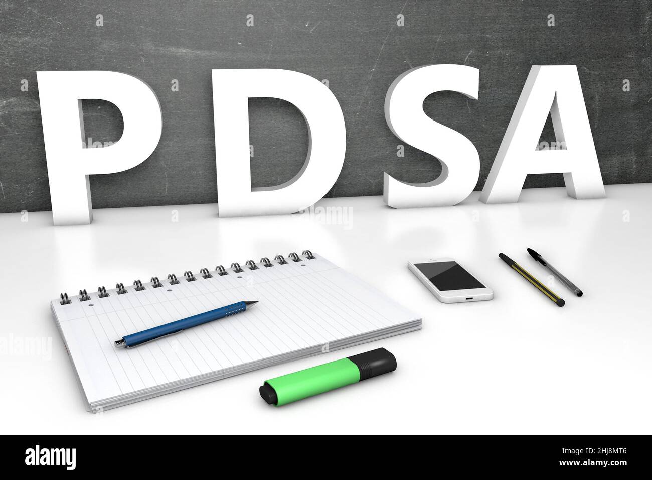 PDSA - Plan Do Study Act - text concept with chalkboard, notebook, pens ...
