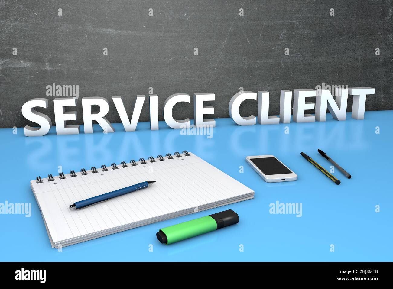 Service Client - text concept with chalkboard, notebook, pens and ...