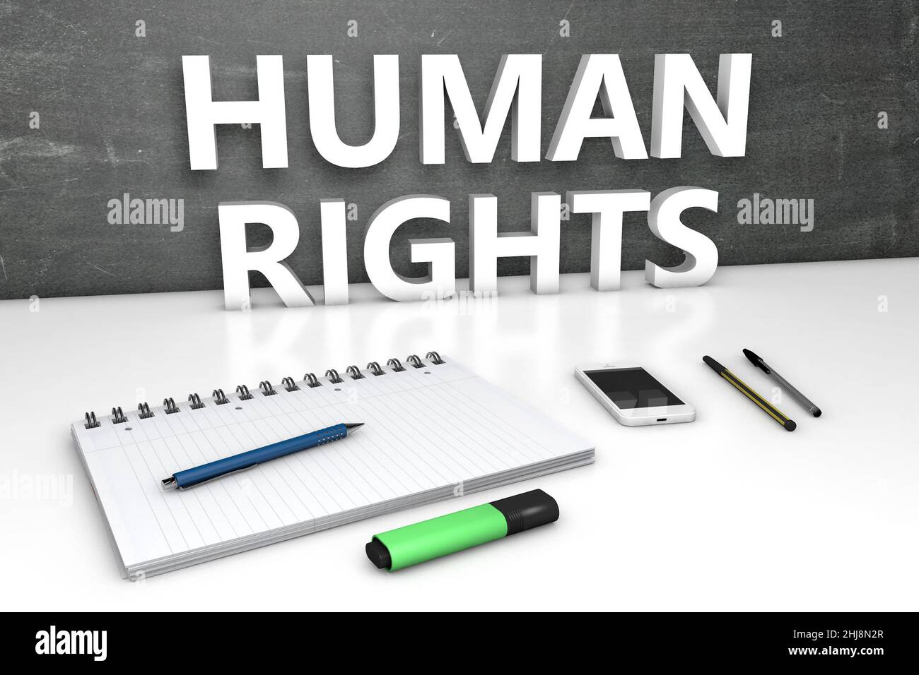 Human Rights - text concept with chalkboard, notebook, pens and mobile ...