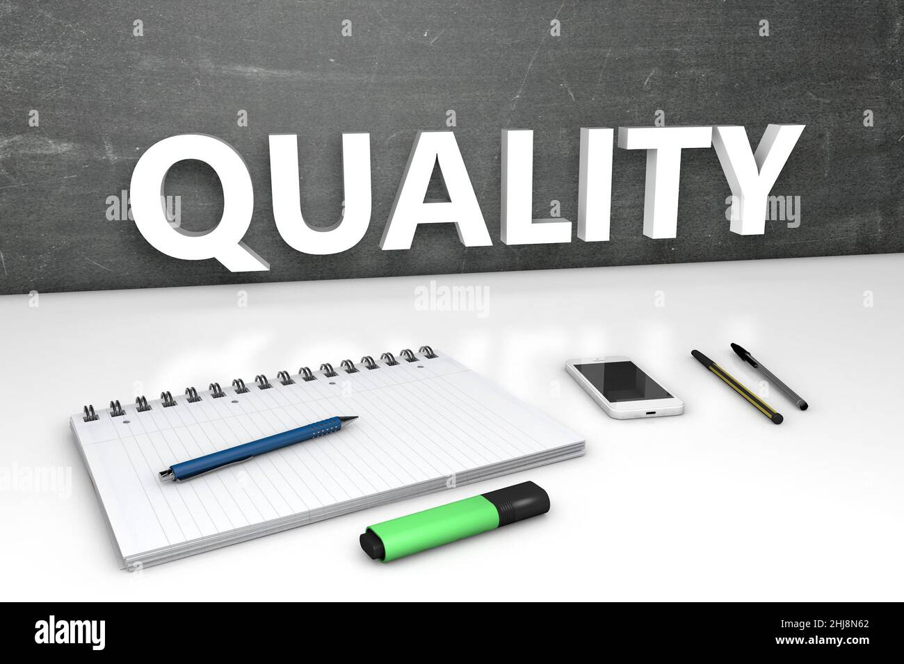 Quality - text concept with chalkboard, notebook, pens and mobile phone ...