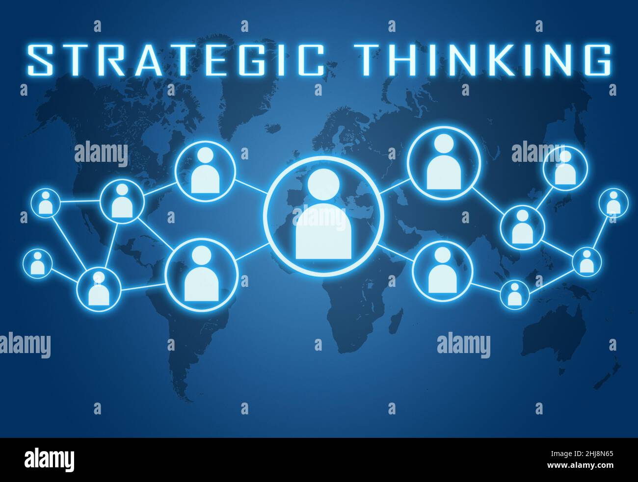 Strategic Thinking - text concept on blue background with world map and ...