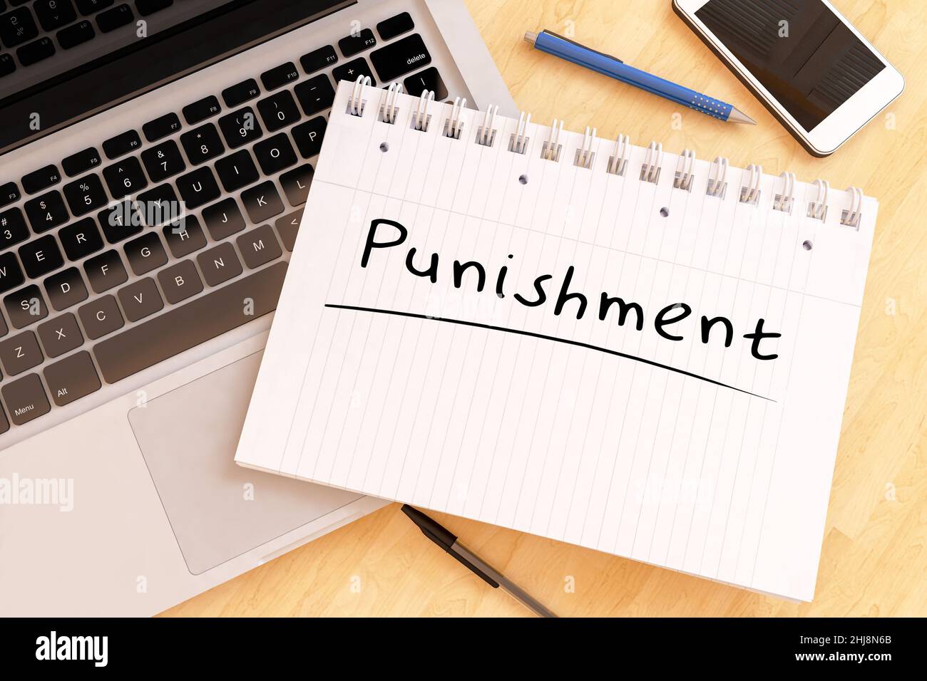 Punishment - handwritten text in a notebook on a desk - 3d render ...