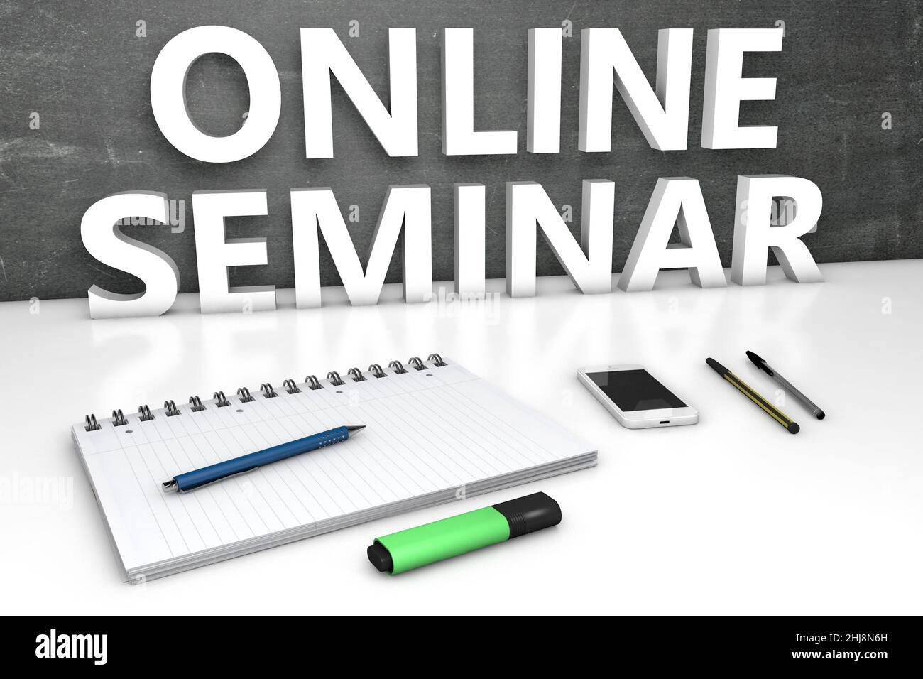 Online Seminar - text concept with chalkboard, notebook, pens and ...